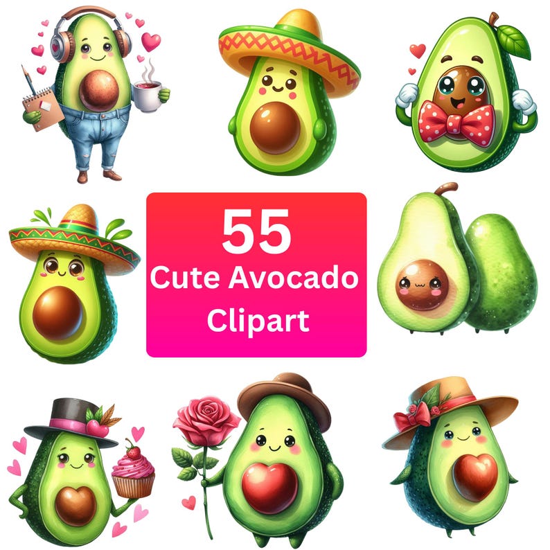55 Cute Avocado Clipart Bundle – Kawaii Fruit Pngs for Stickers ...