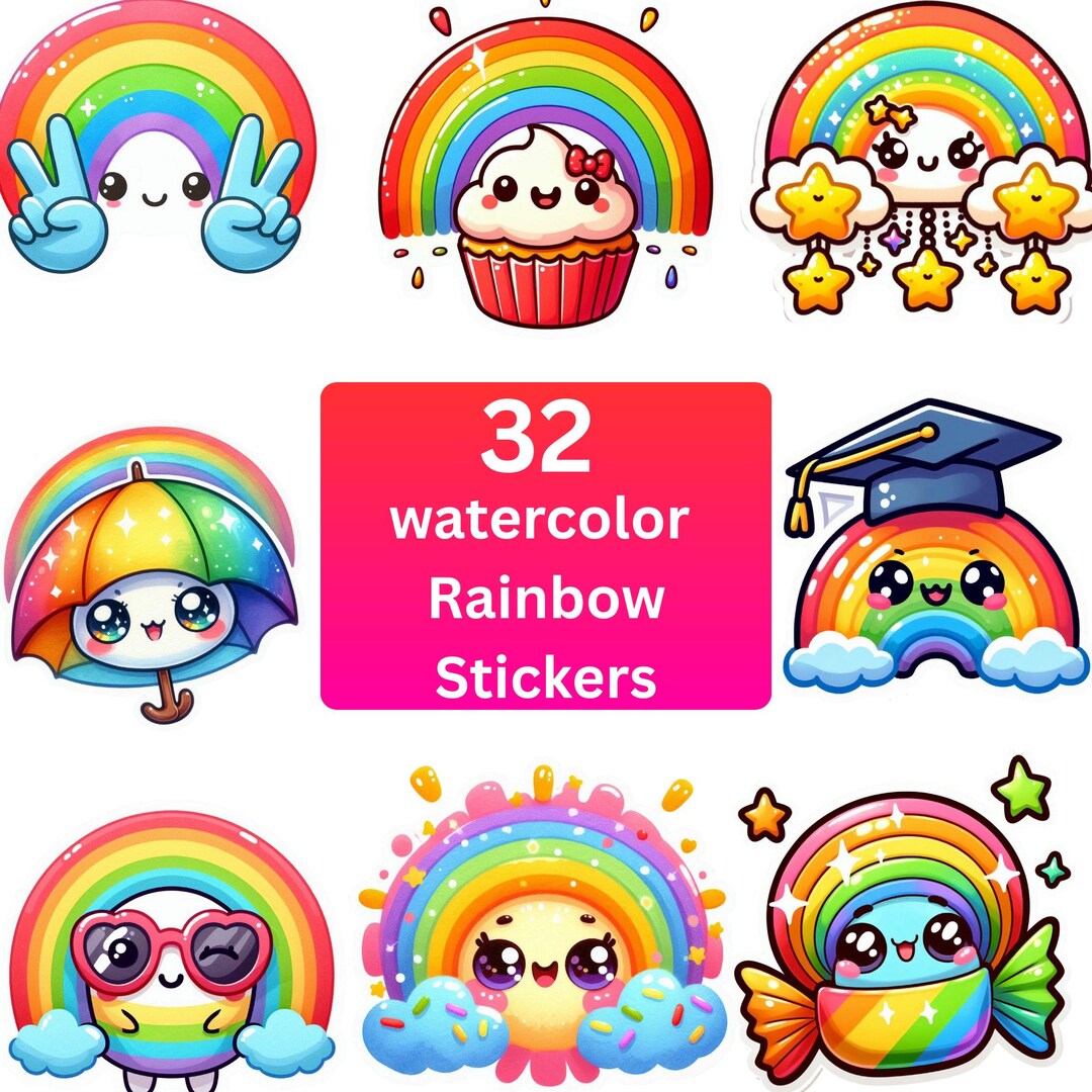 Kawaii Rainbow Sticker Clipart Bundle: Pastel PNG Graphics (digital ...