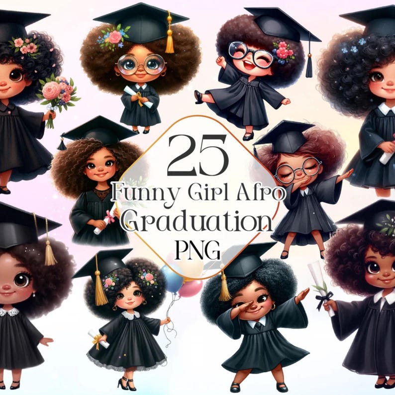 25 Afro Girl Graduation Clipart: Funny Black Graduate PNG (digital ...