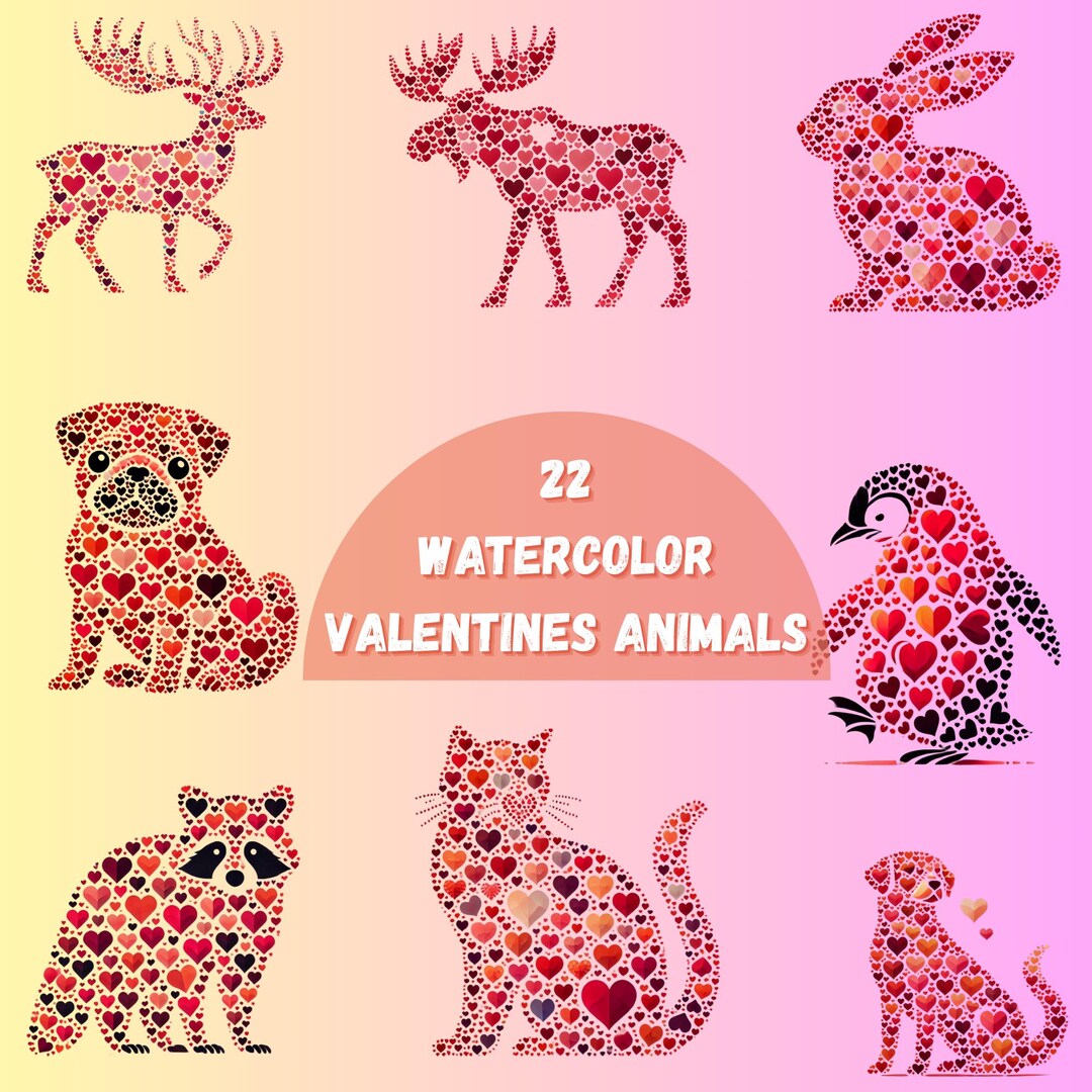 22 Watercolor Valentine’s Day Animals Clipart | Heart Illustrations ...