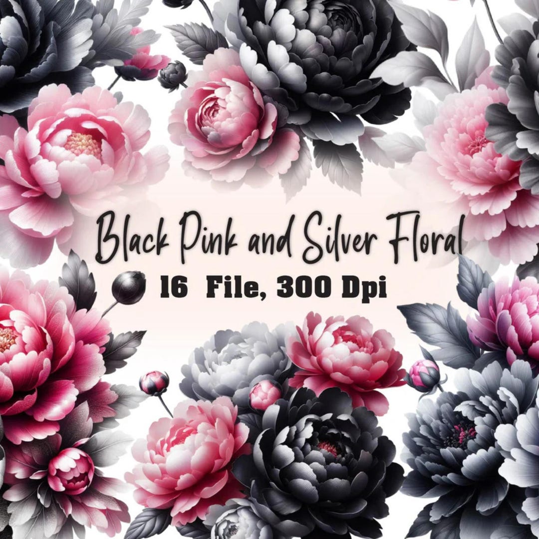 Elegant Black, Pink & Silver Floral Clipart: PNG Bundle (commercial Use ...