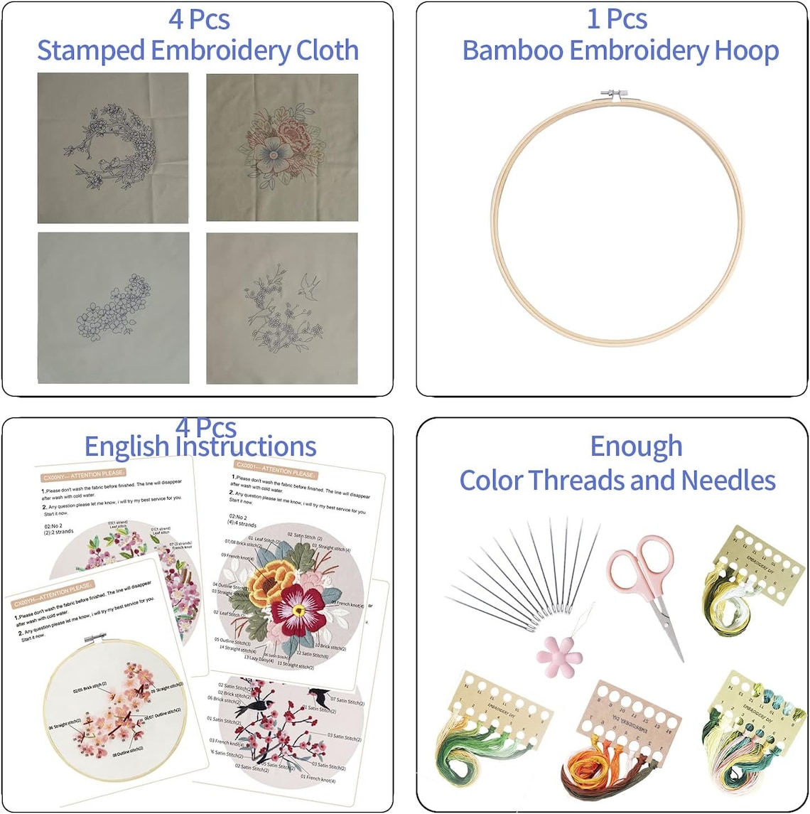 Beginner Stamped Embroidery Kits Set of 4 With Cloth kit 2 - Etsy