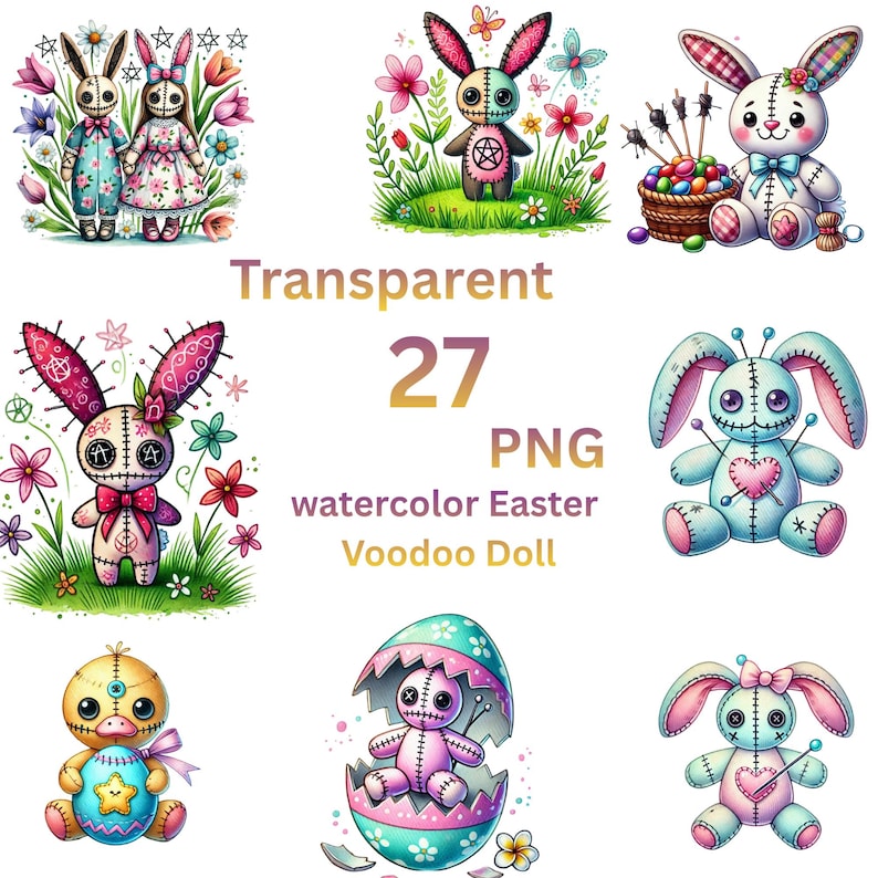 Watercolor Easter Voodoo Doll Clipart Bundle – Creepy Bunny PNG ...