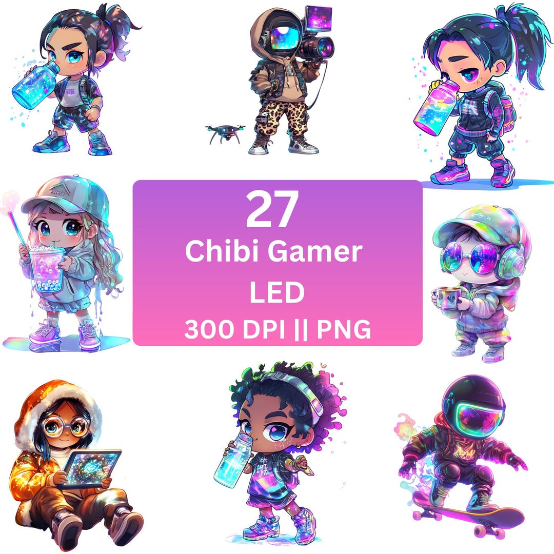 27 Kawaii Chibi Gamer LED Clipart PNG Bundle (digital Download) - Etsy