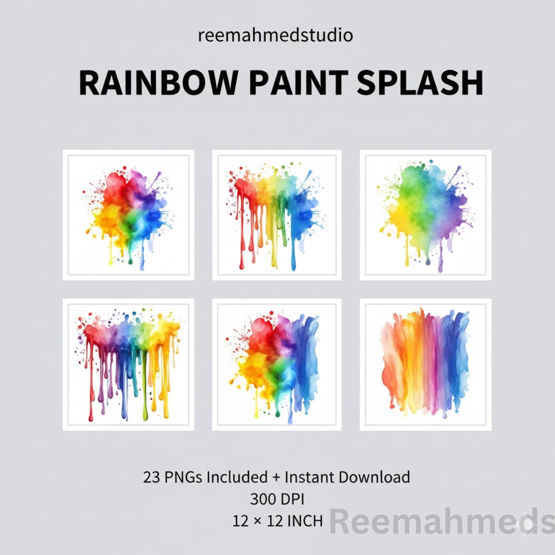 Rainbow Paint Splash Clipart Bundle | 23 Colorful PNG Files for Crafts ...
