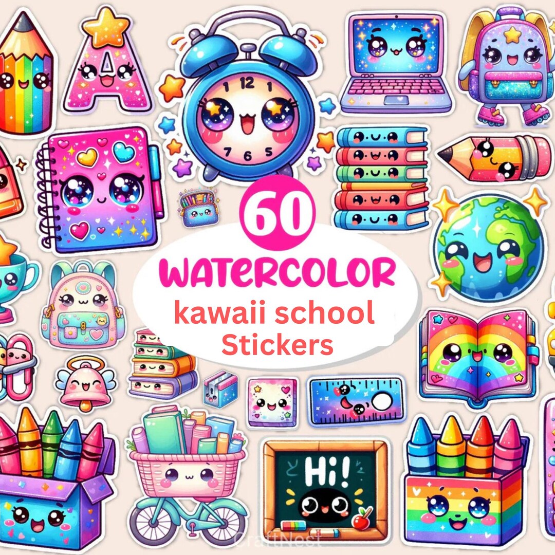 60 Kawaii School Stickers: Watercolor Clipart, Planner Stickers (PNG ...