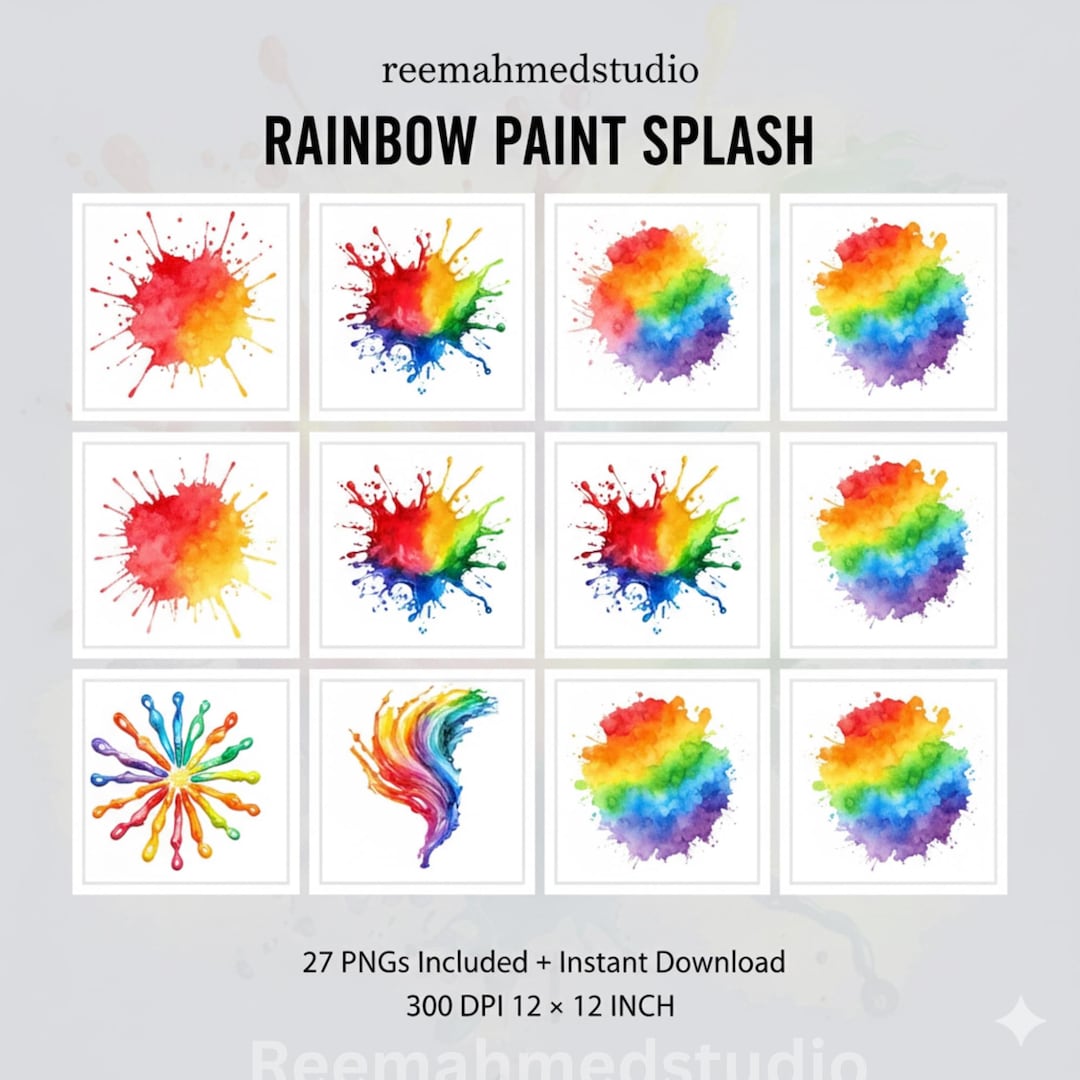 Rainbow Paint Splash Clipart Bundle | 27 Colorful PNG Files for Crafts ...