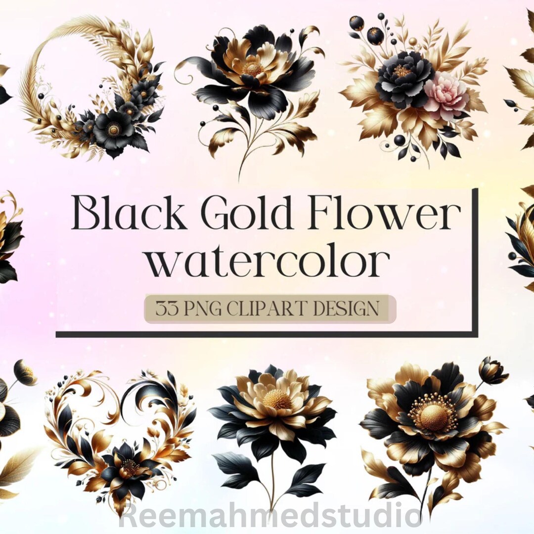 Abstract Black & Gold Flower Clipart Bundle | 33 Elegant PNG Floral ...