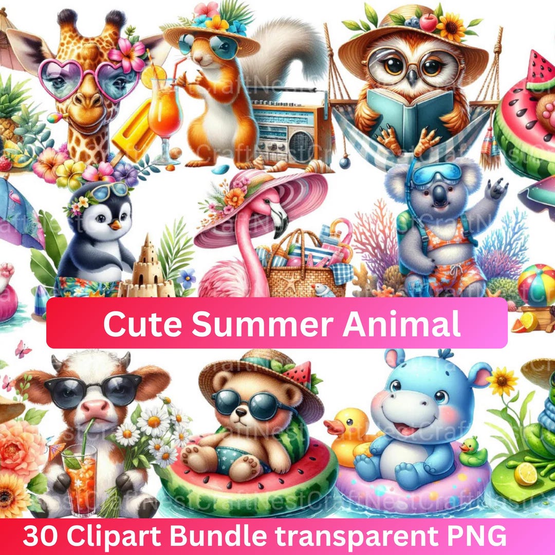 Summer Animals Clipart Bundle: Tropical Beach PNG Graphics (digital ...