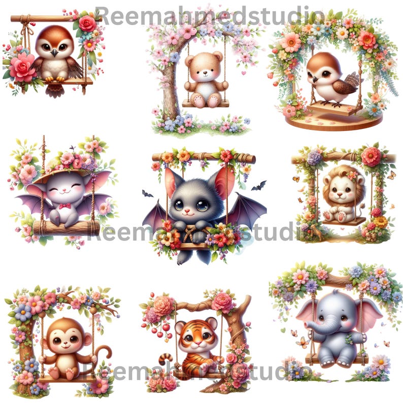 Animals on Swings Clipart Bundle: Transparent Background, Commercial ...