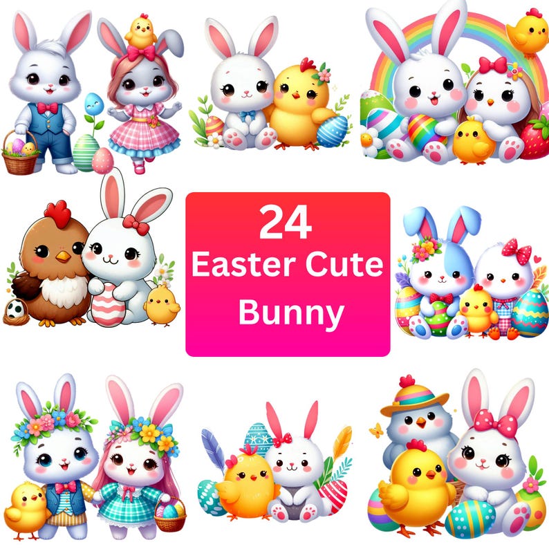 24 Cute Easter Bunny Clipart PNG Bundle | Transparent Background ...