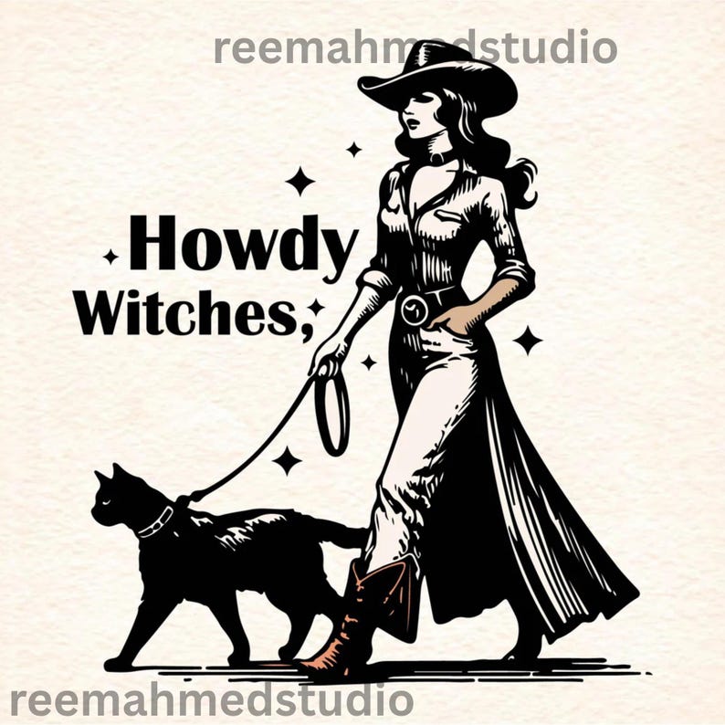 Howdy Witches Vintage Halloween Clipart | Retro Cowgirl Witch PNG ...