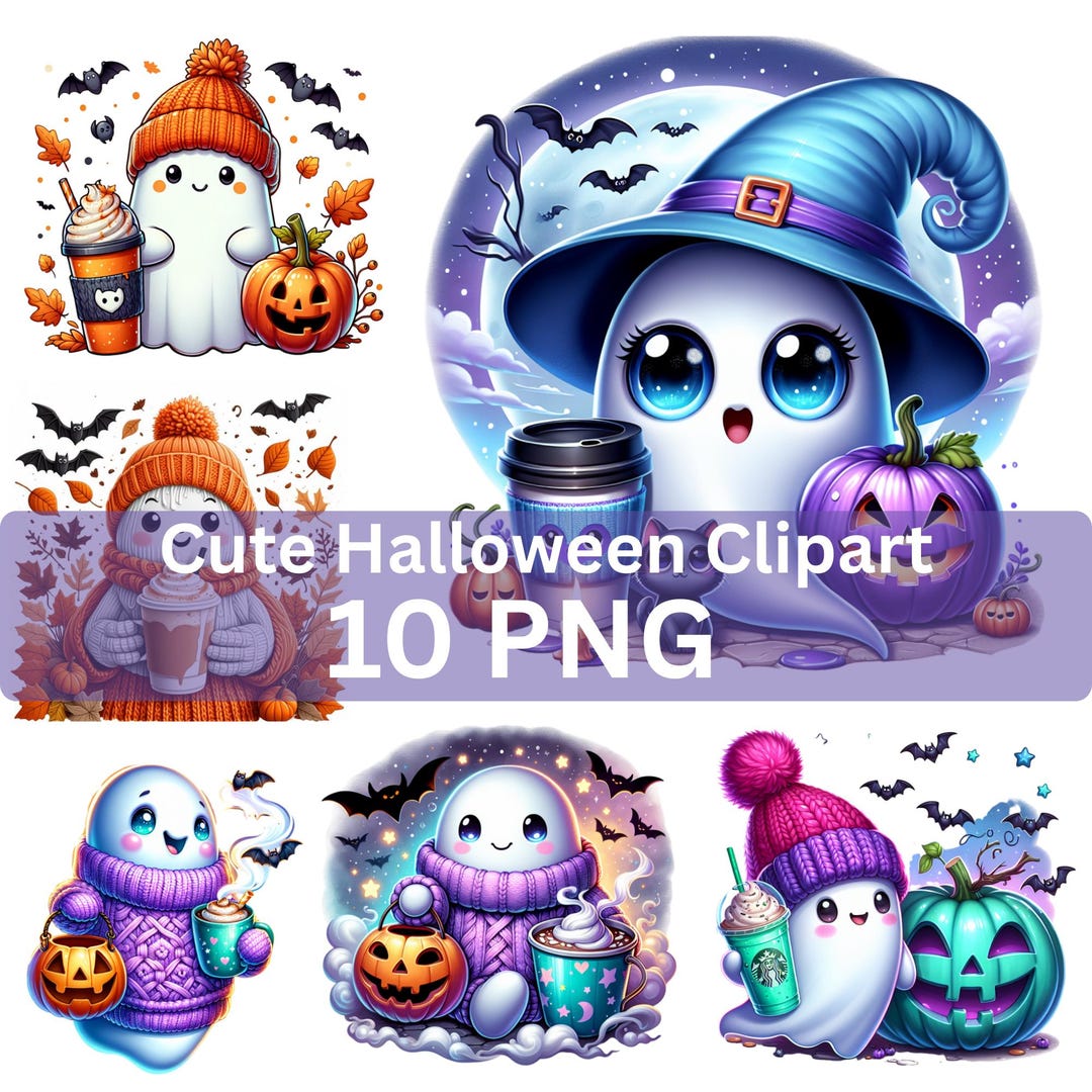 Kawaii Halloween Clipart PNG Bundle: Ghost, Pumpkin, Bat (commercial ...