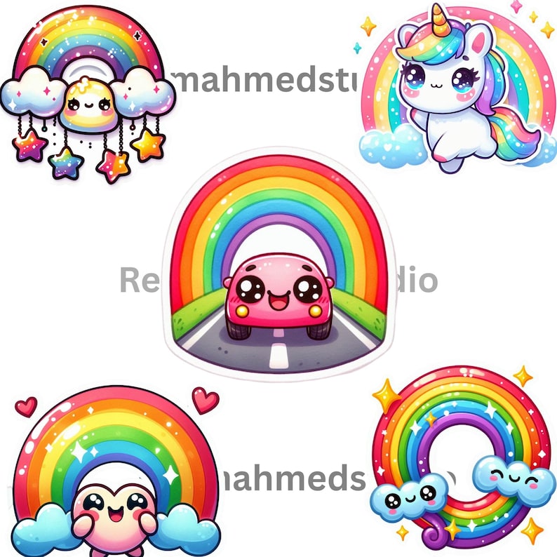 Kawaii Rainbow Sticker Clipart Bundle: Pastel PNG Graphics (digital ...