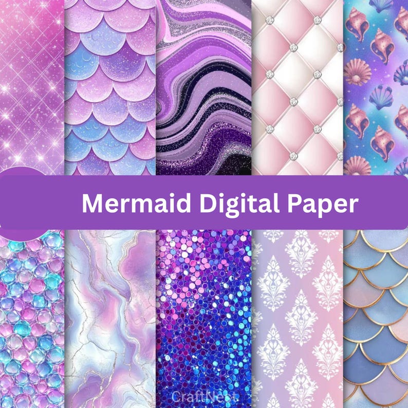 25 Mermaid Glam Digital Papers | Transparent Backgrounds | Easy Cutting ...