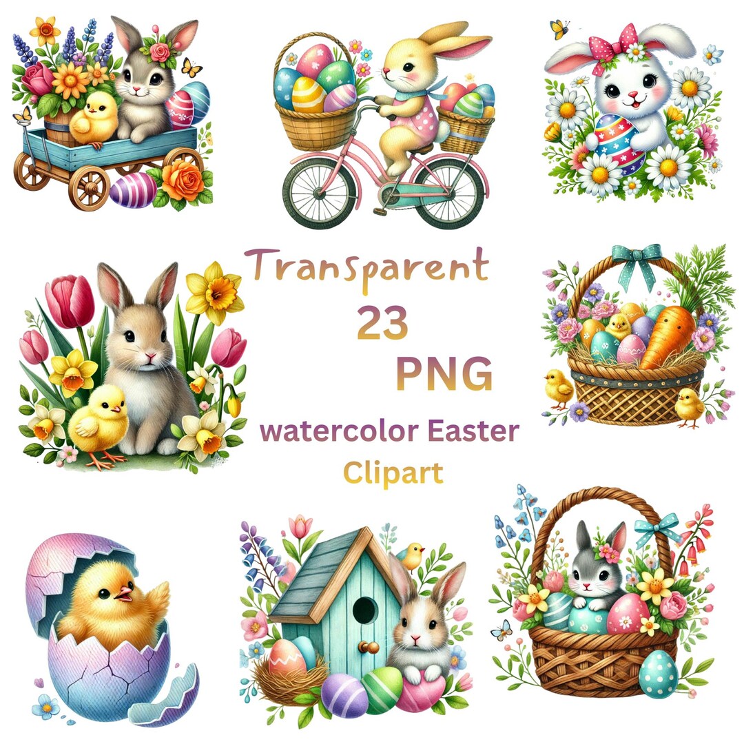 23 Watercolor Easter Clipart Bundle PNG, 300 DPI Transparent Background ...
