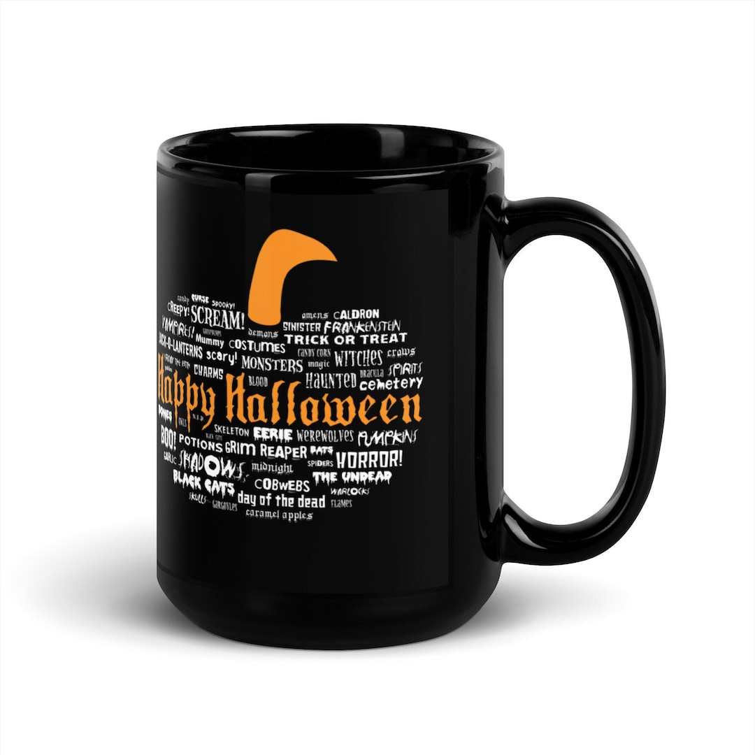 Happy Halloween Coffee Tea Mug, Black Ceramic With Pumpkin Spooky Words ...