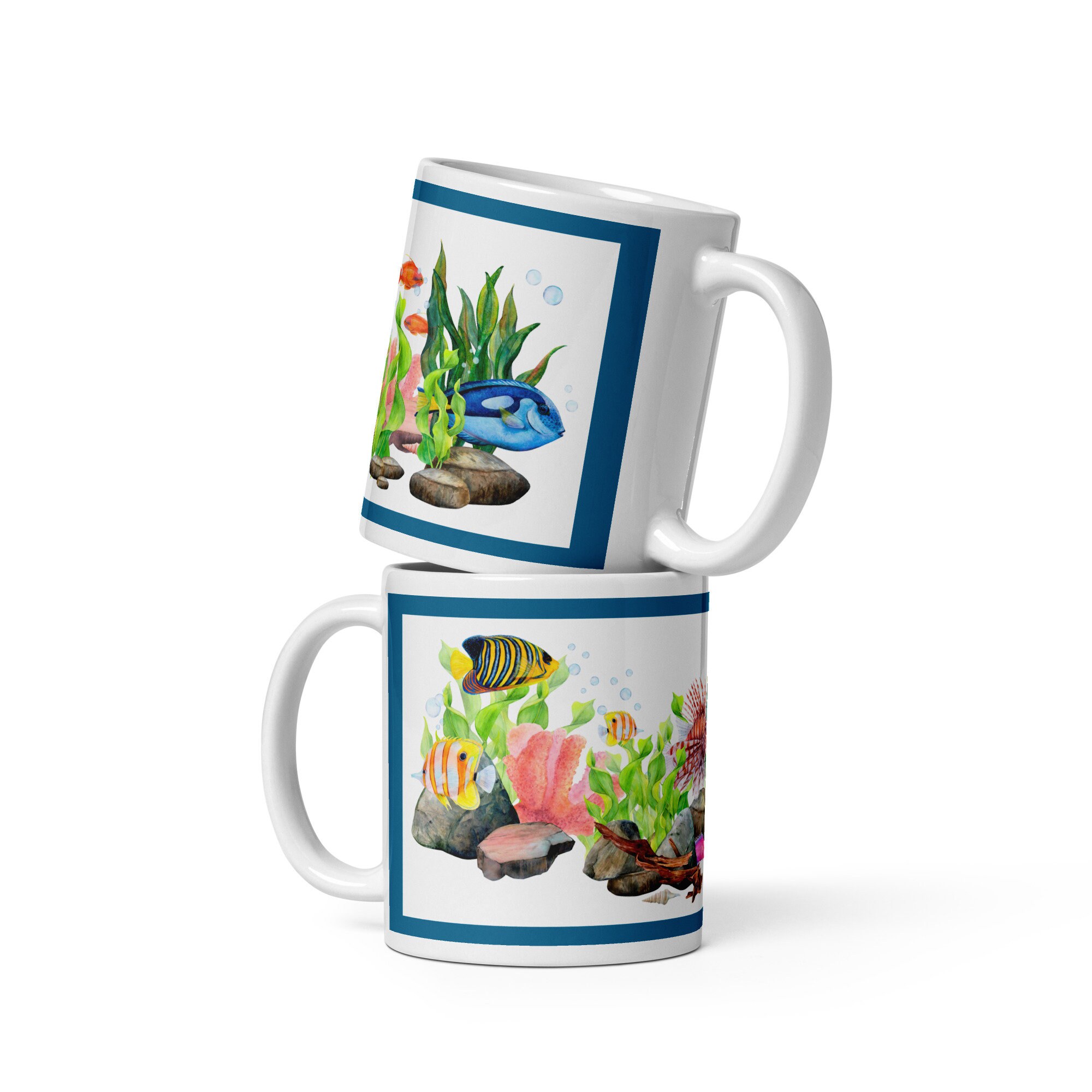 Watercolor Saltwater Aquarium Mug With Deep Blue Accents - 3 Sizes ...