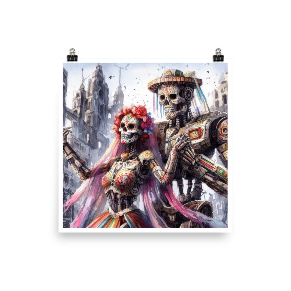 Dancing Mecha Sugar Skull Pair Poster, Funky Fantasy Art, 5 Sizes ...