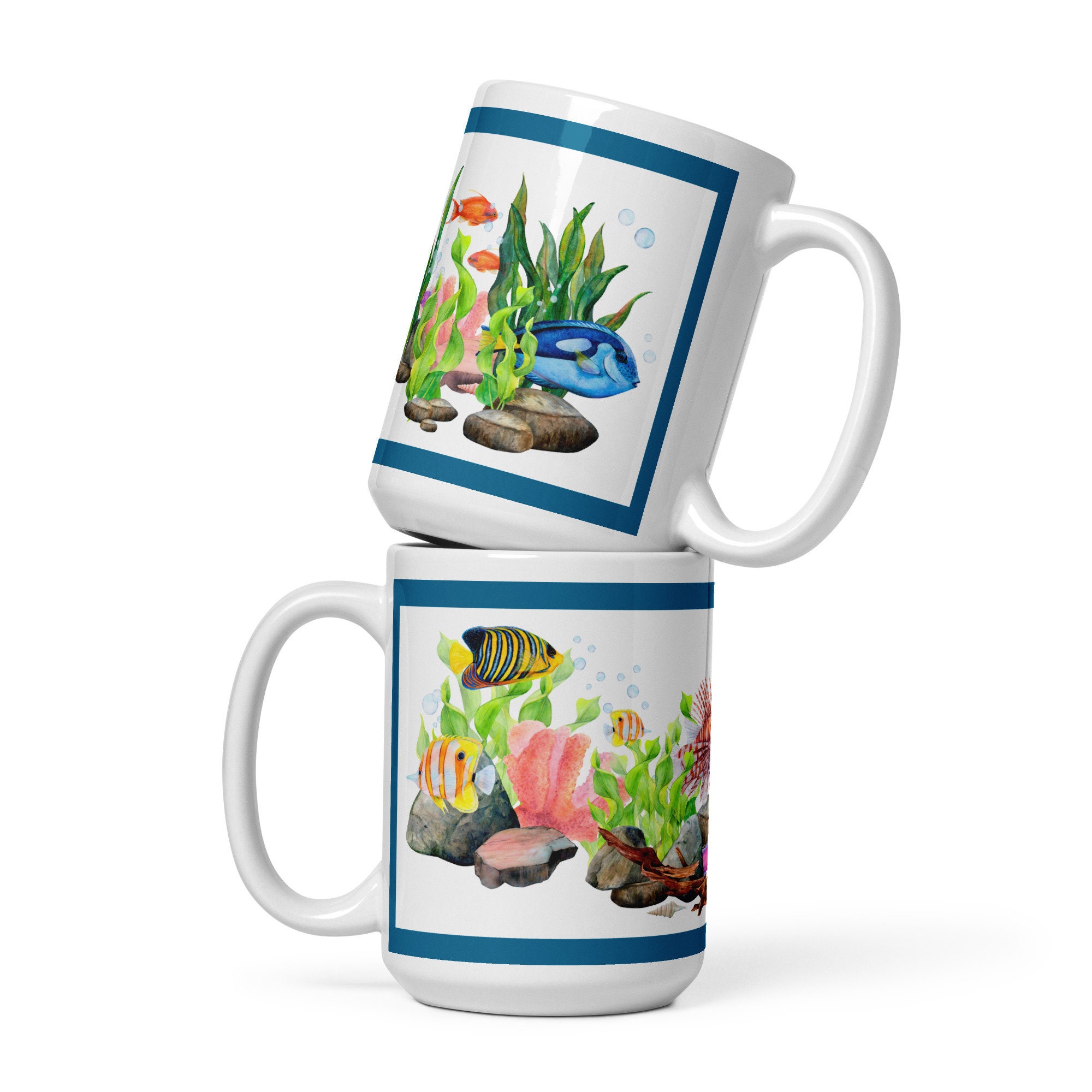 Watercolor Saltwater Aquarium Mug With Deep Blue Accents - 3 Sizes ...