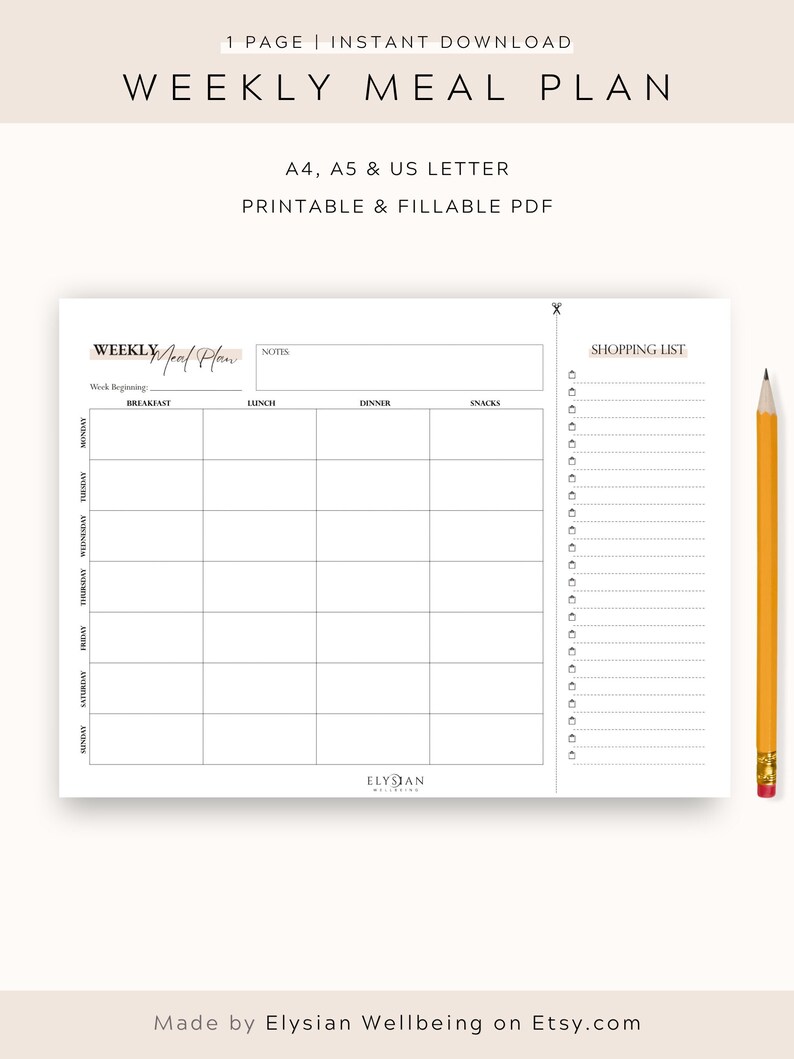 Weekly Meal Plan Printable Fillable PDF Food Intake - Etsy