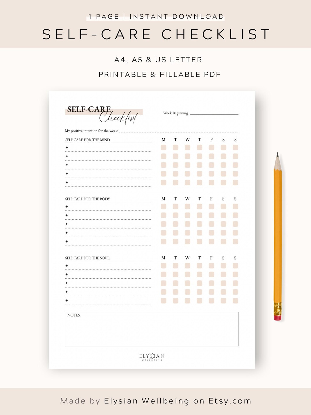 Weekly Self Care Checklist Printable Fillable Pdf Mind Etsy