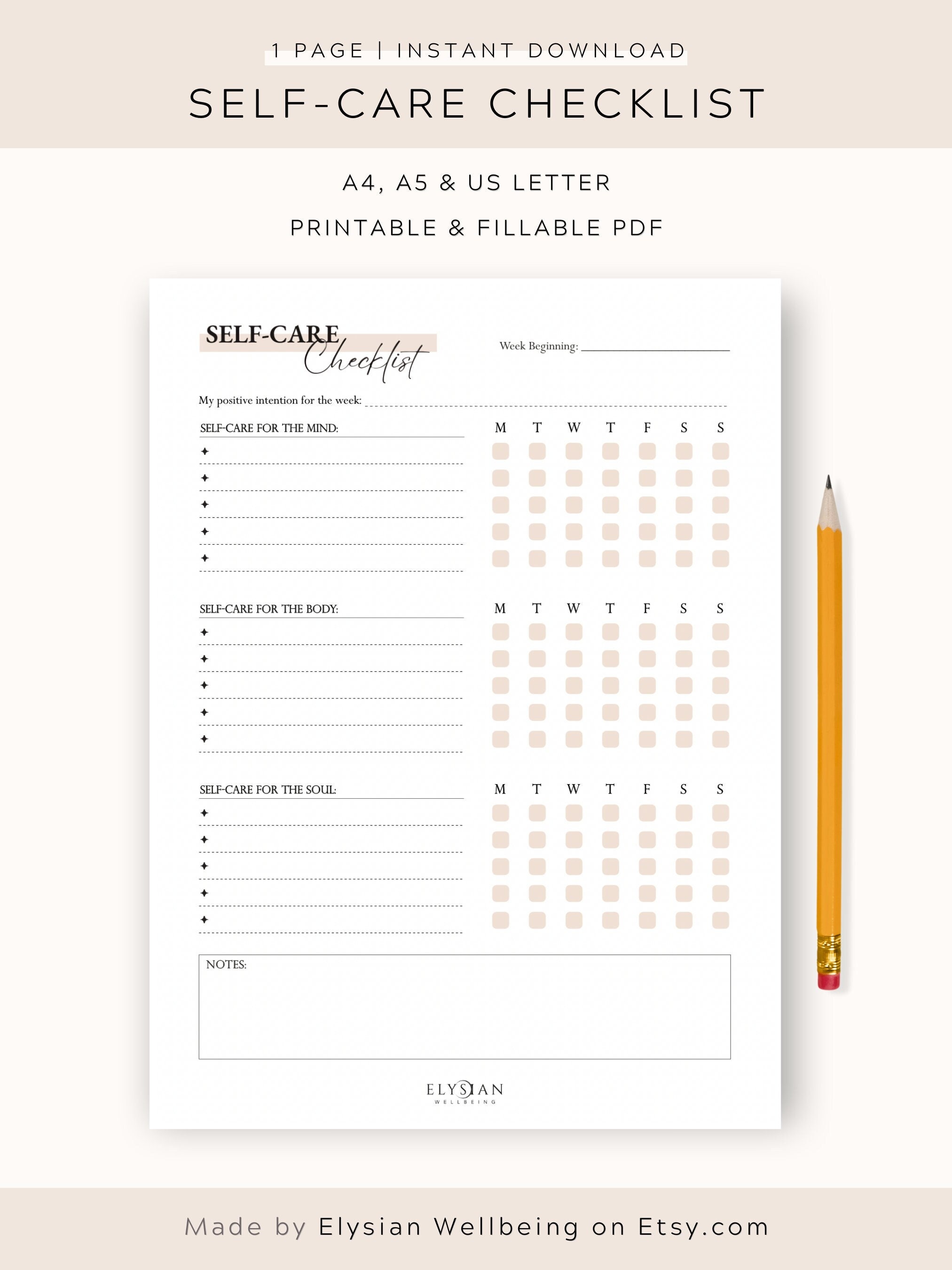 Weekly Self-care Checklist Printable Fillable PDF Mind, Body & Soul ...