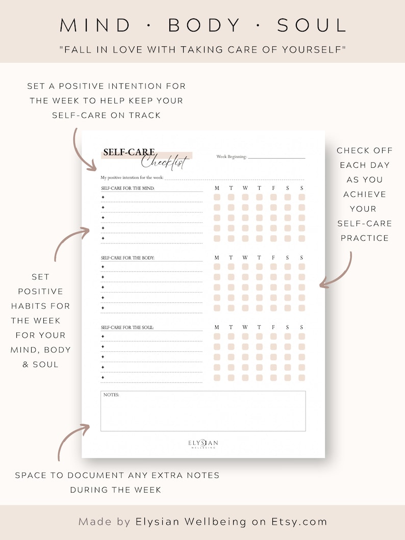 Weekly Self-care Checklist Printable Fillable PDF Mind - Etsy