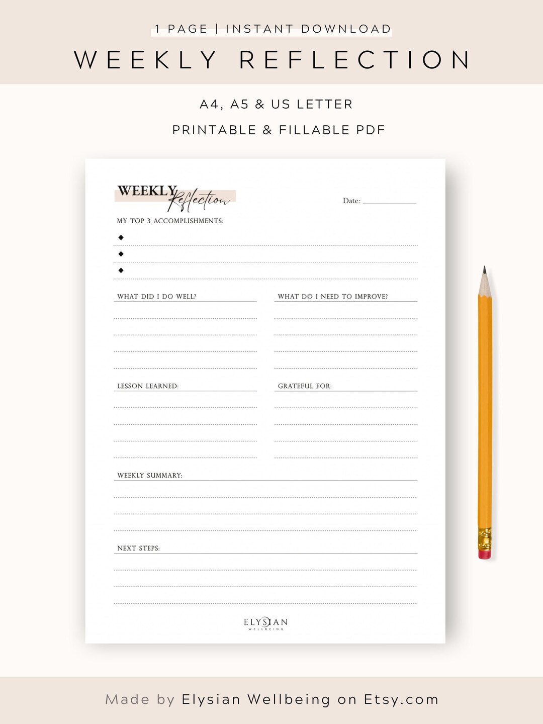 Weekly Reflection Printable Fillable PDF Achievements, Gratitude, Goals ...