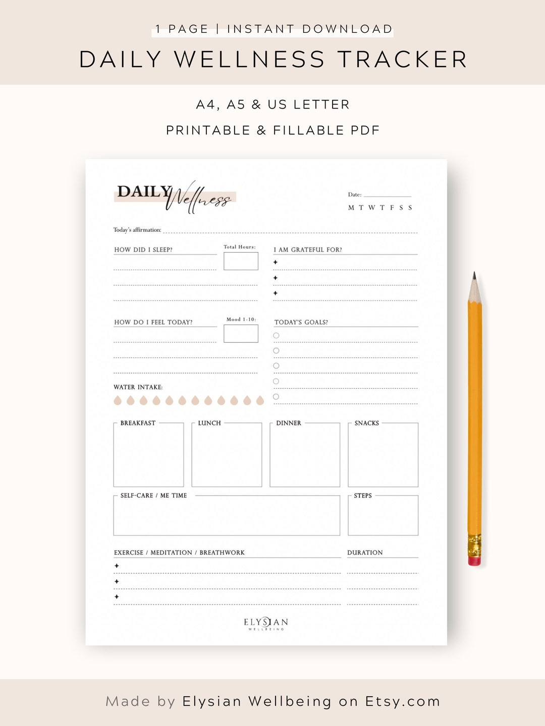 Daily Wellness Tracker Printable Fillable PDF Affirmations, Gratitude ...
