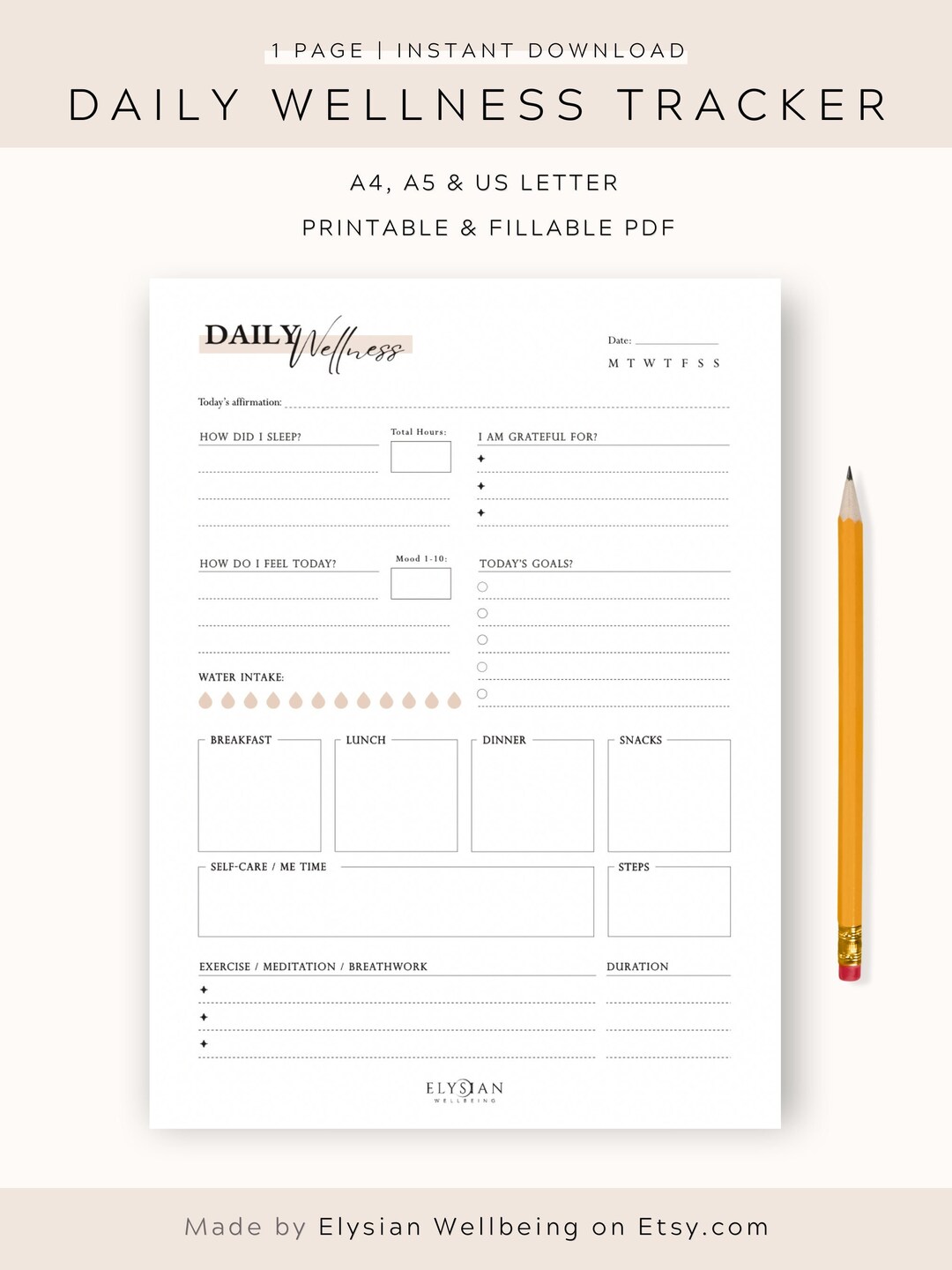 Daily Wellness Tracker Printable Fillable PDF Affirmations, Gratitude ...