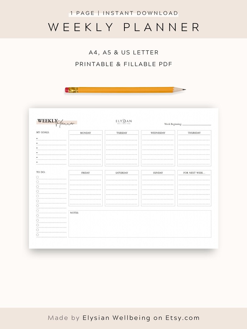 Weekly Planner Printable Fillable PDF Daily Priorities, Productivity ...