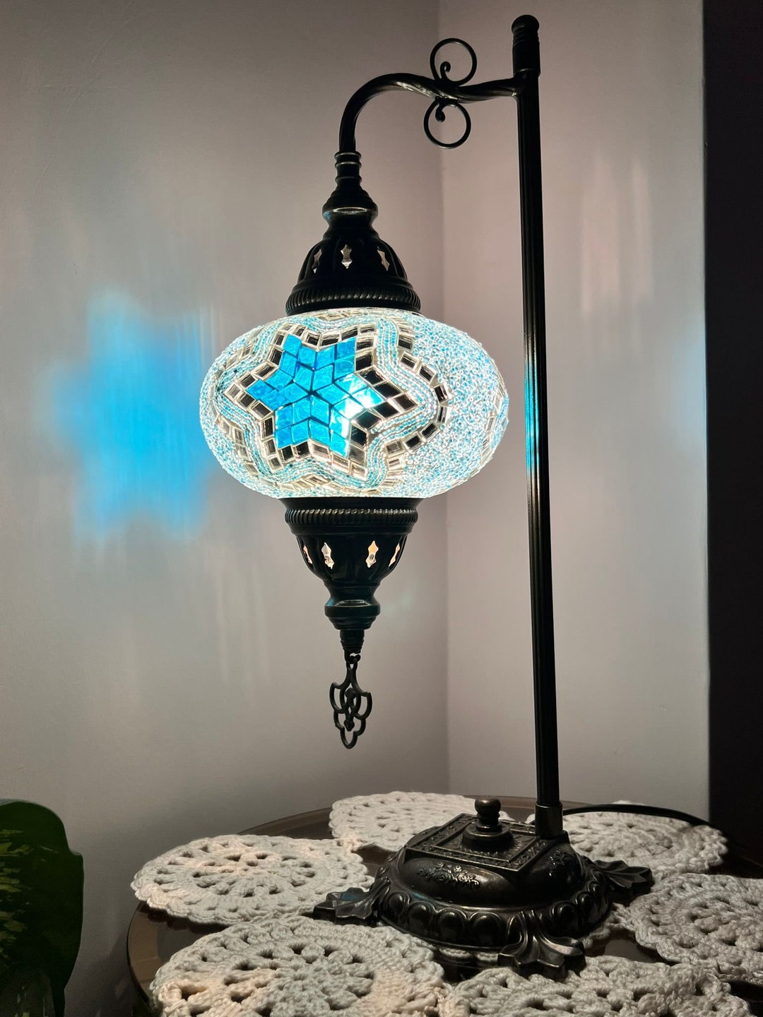Turkish Mosaic Blue White Lighted Single Street Table Lamp, Handmade ...
