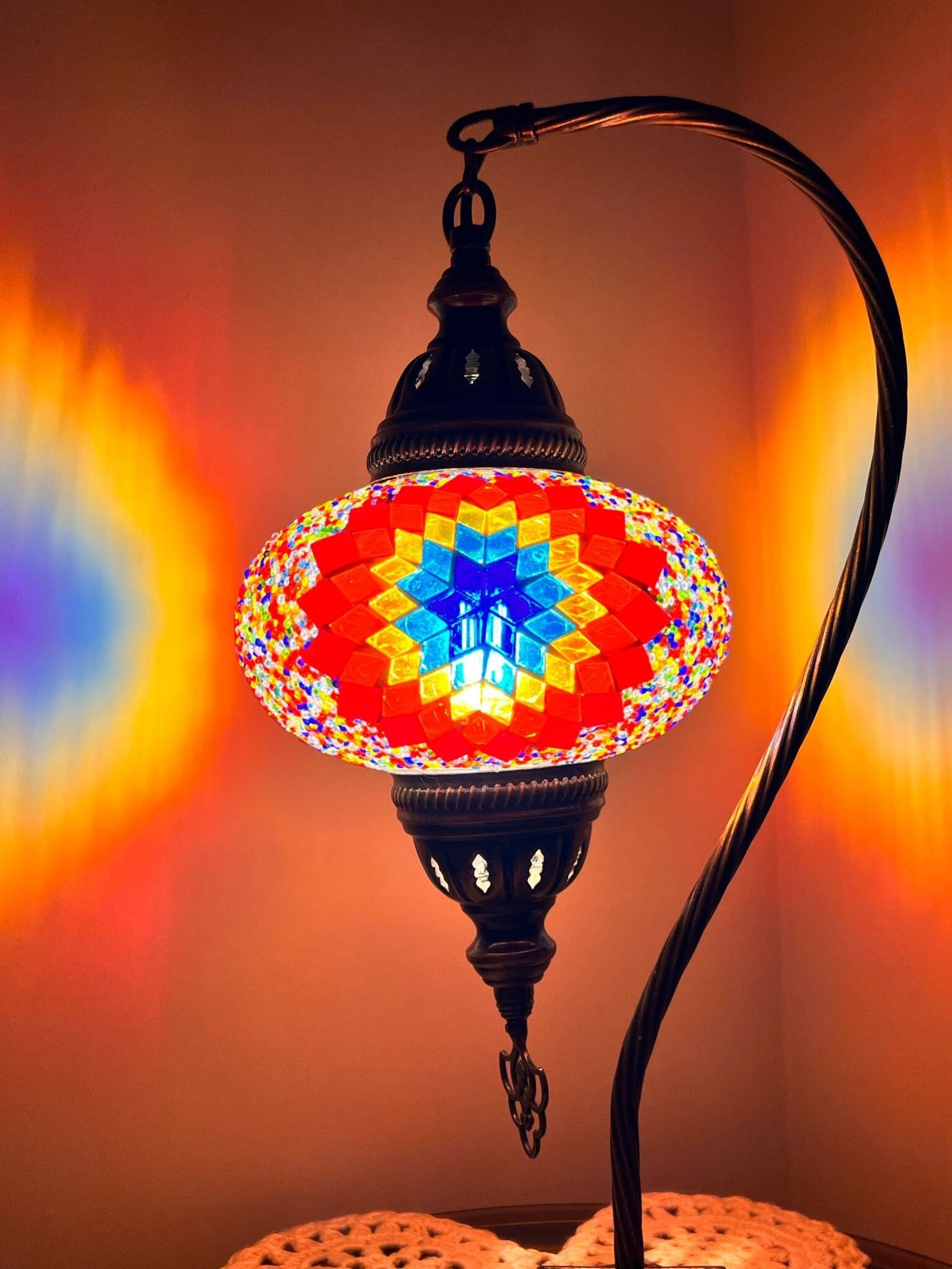 Turkish Mosaic Lamp With Dark Red Light Stand, Moroccan Reading Table ...