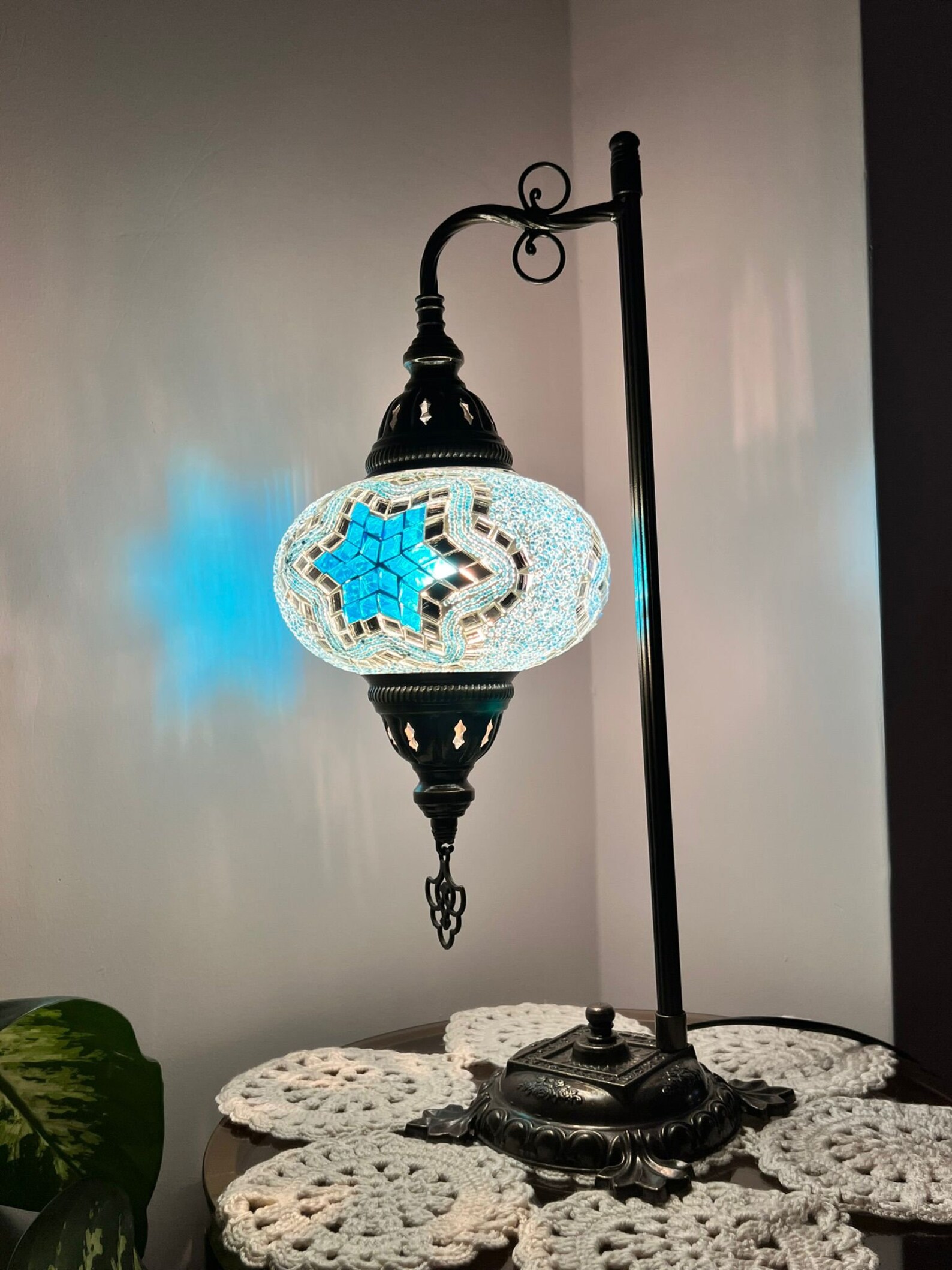 Turkish Mosaic Blue White Lighted Single Street Table Lamp, Handmade ...