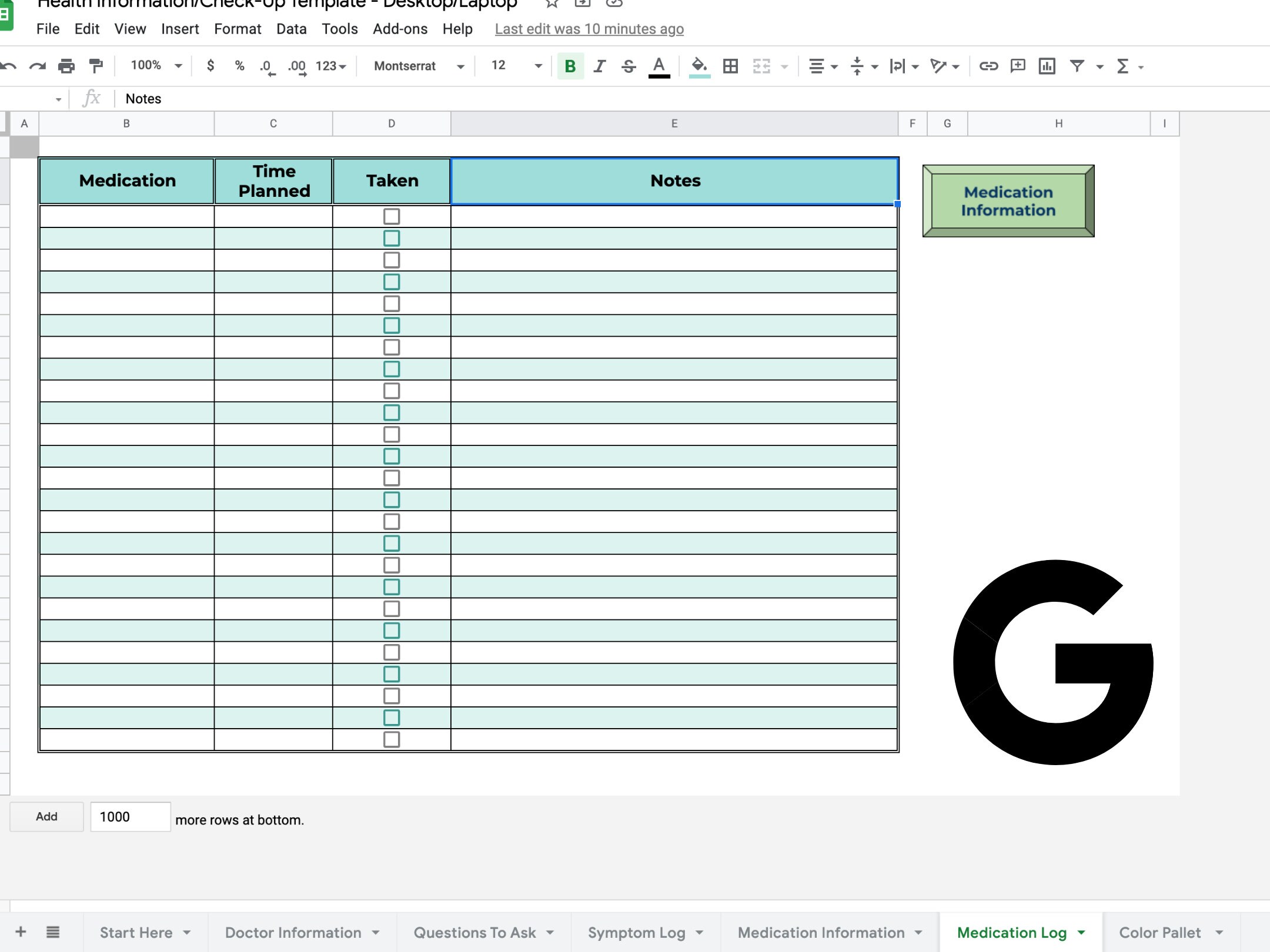 Google Sheets Digital Organizer Template for Medical Information - Blue ...