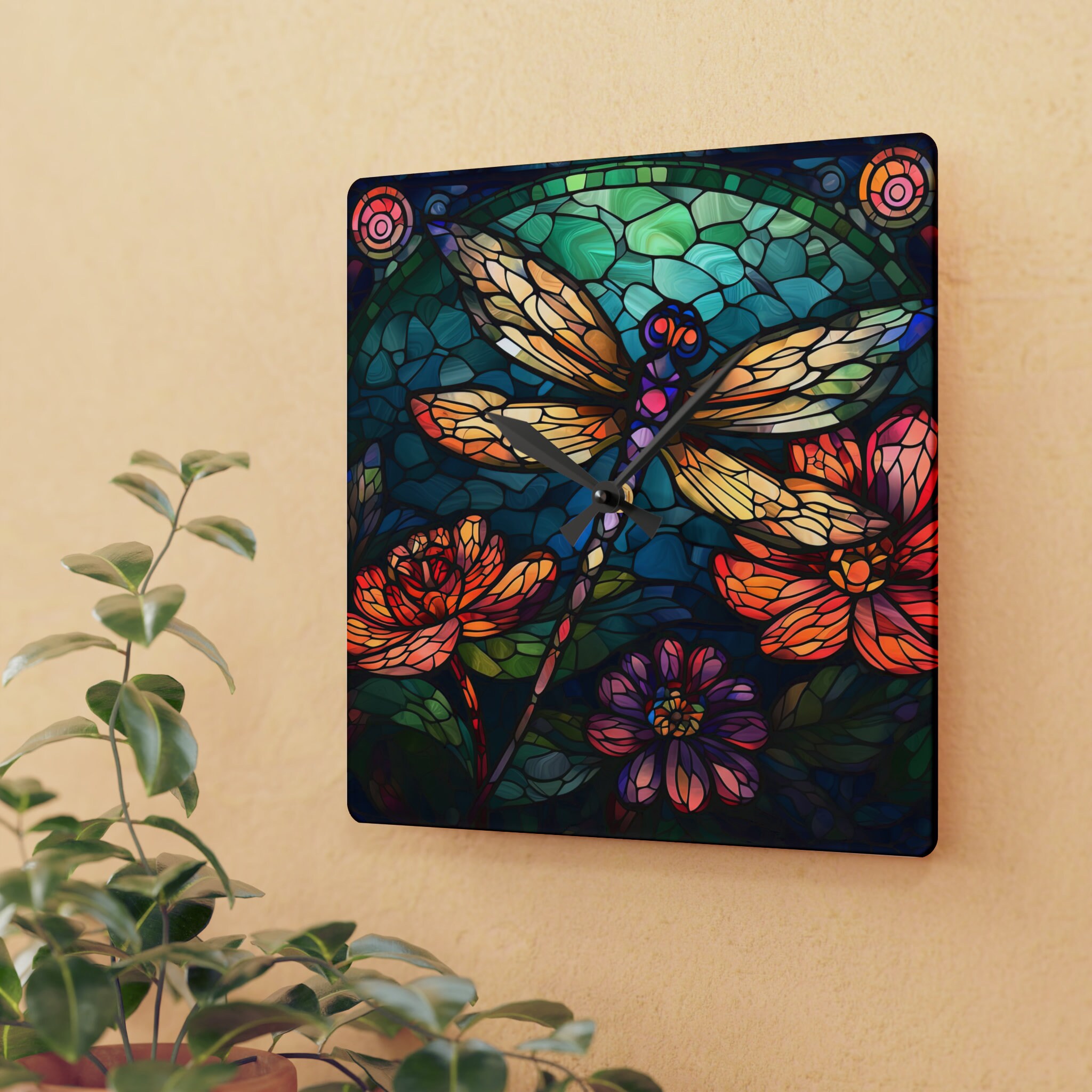 Dragonfly Clock, Stained Glass Art, Faux Stained Glass Dragonfly Clock ...