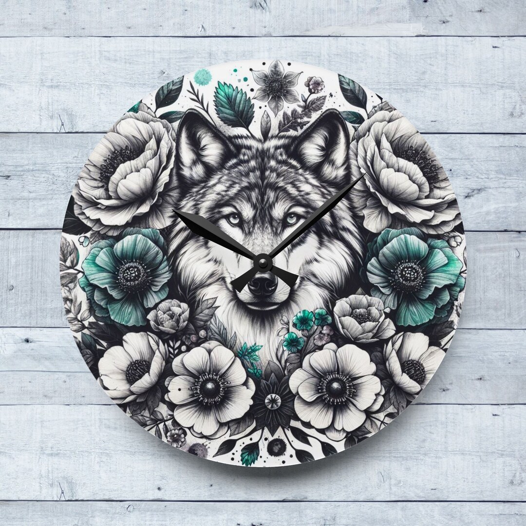 Unique Wolf Wall Clock, Turquoise Floral Grey Wolf Art, Wildlife ...