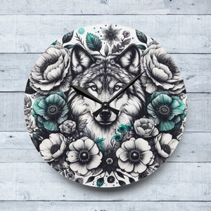 Unique Wolf Wall Clock, Turquoise Floral Grey Wolf Art, Wildlife ...