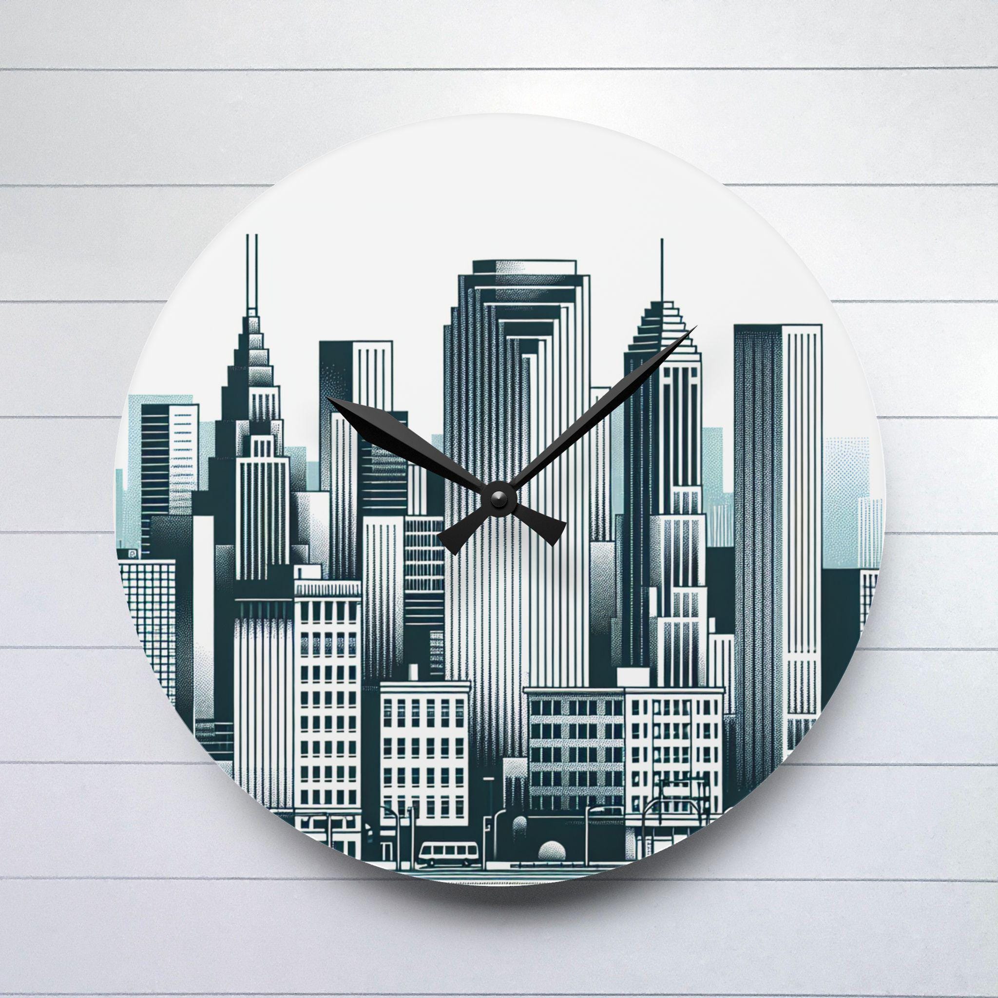 City Skyline Wall Clock, Gradient Skyline Office Clock, Square & Round ...