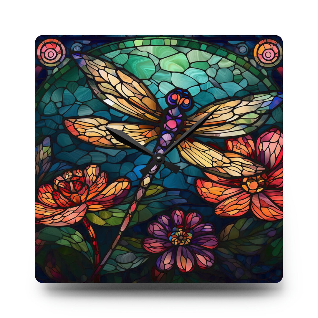 Dragonfly Clock, Stained Glass Art, Faux Stained Glass Dragonfly Clock ...