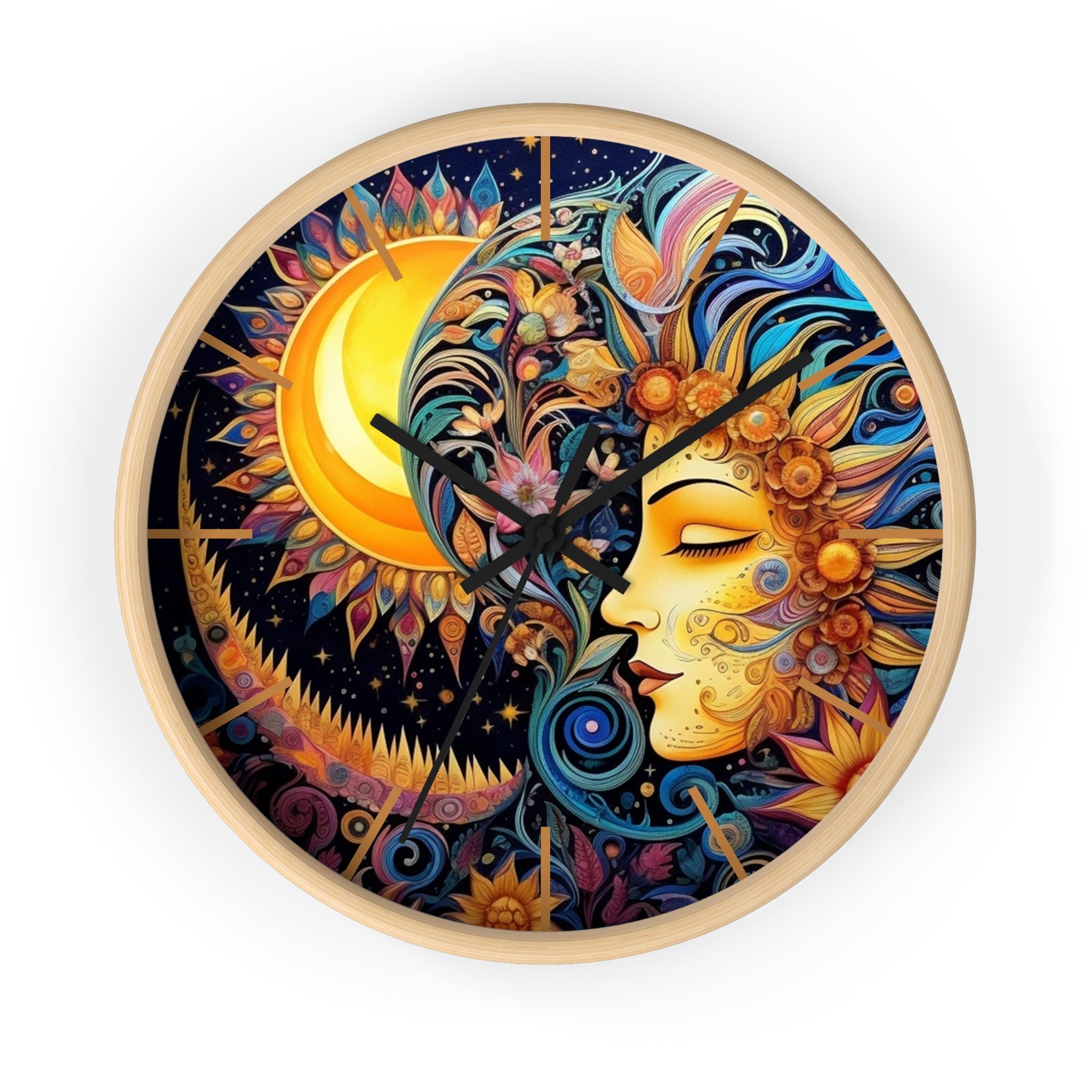 Wooden Clock Celestial Clock Mother Nature Art Sun and Moon - Etsy