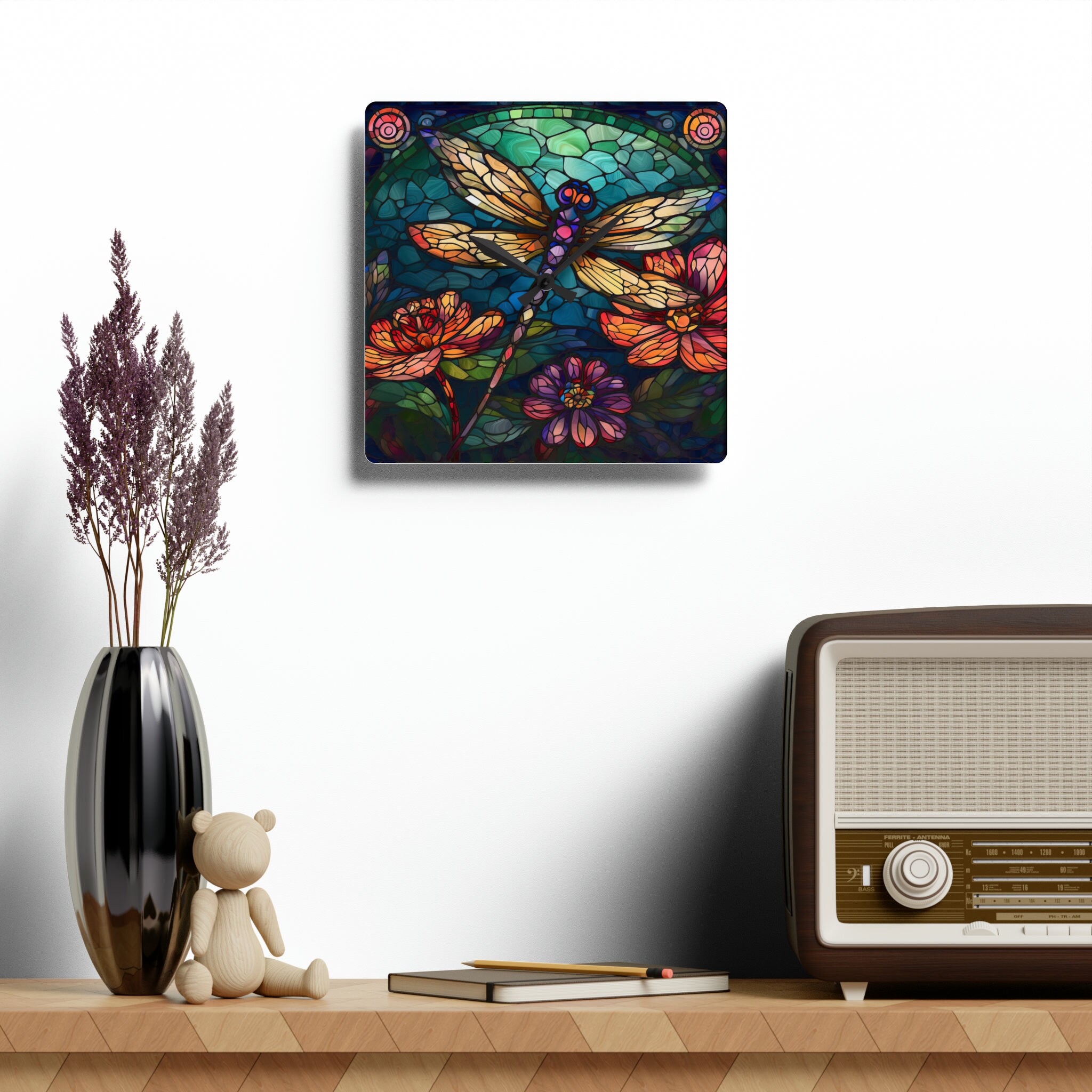 Dragonfly Clock, Stained Glass Art, Faux Stained Glass Dragonfly Clock ...