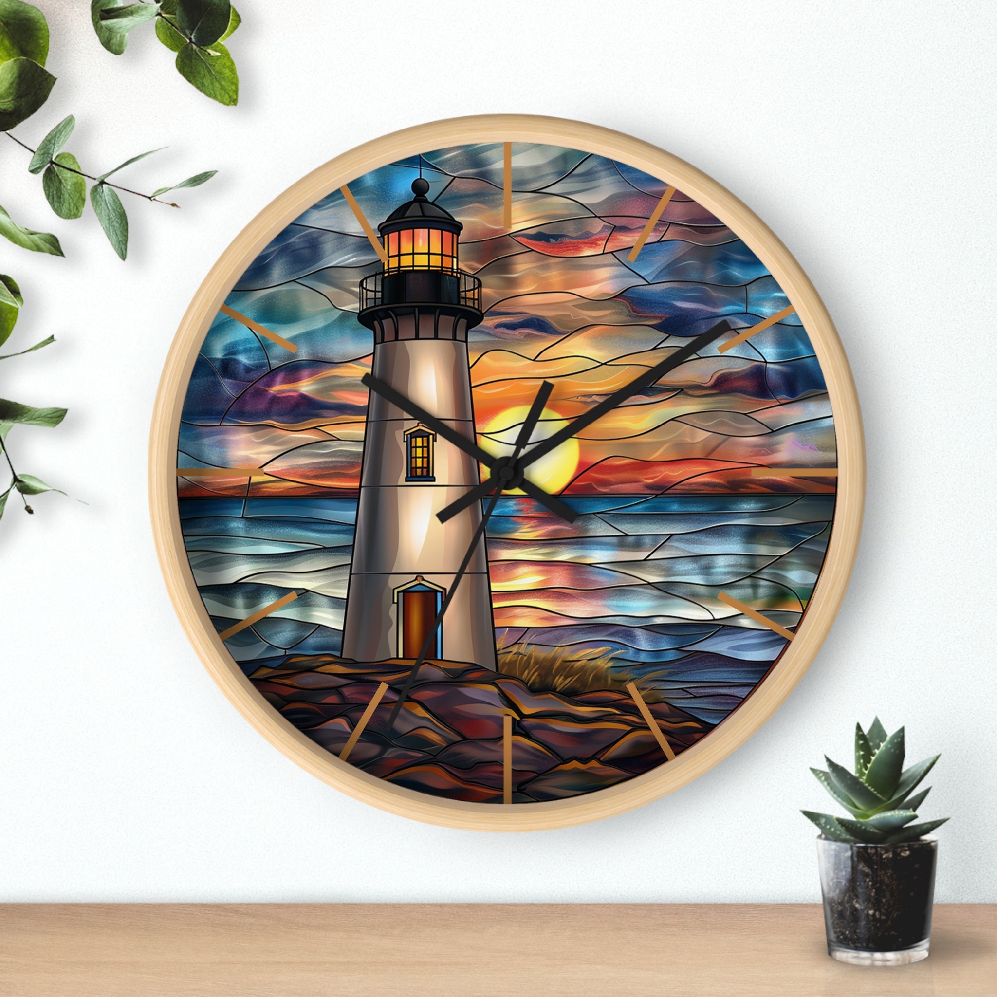 Lighthouse Wall Clocks, Faux Stained Glass Clocks, Ocean Stained Glass Wall Decor, Lighthouse ...