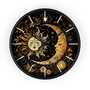 Wooden Wall Clock, Black & Wood Wall Clock, Celestial Design Clock ...