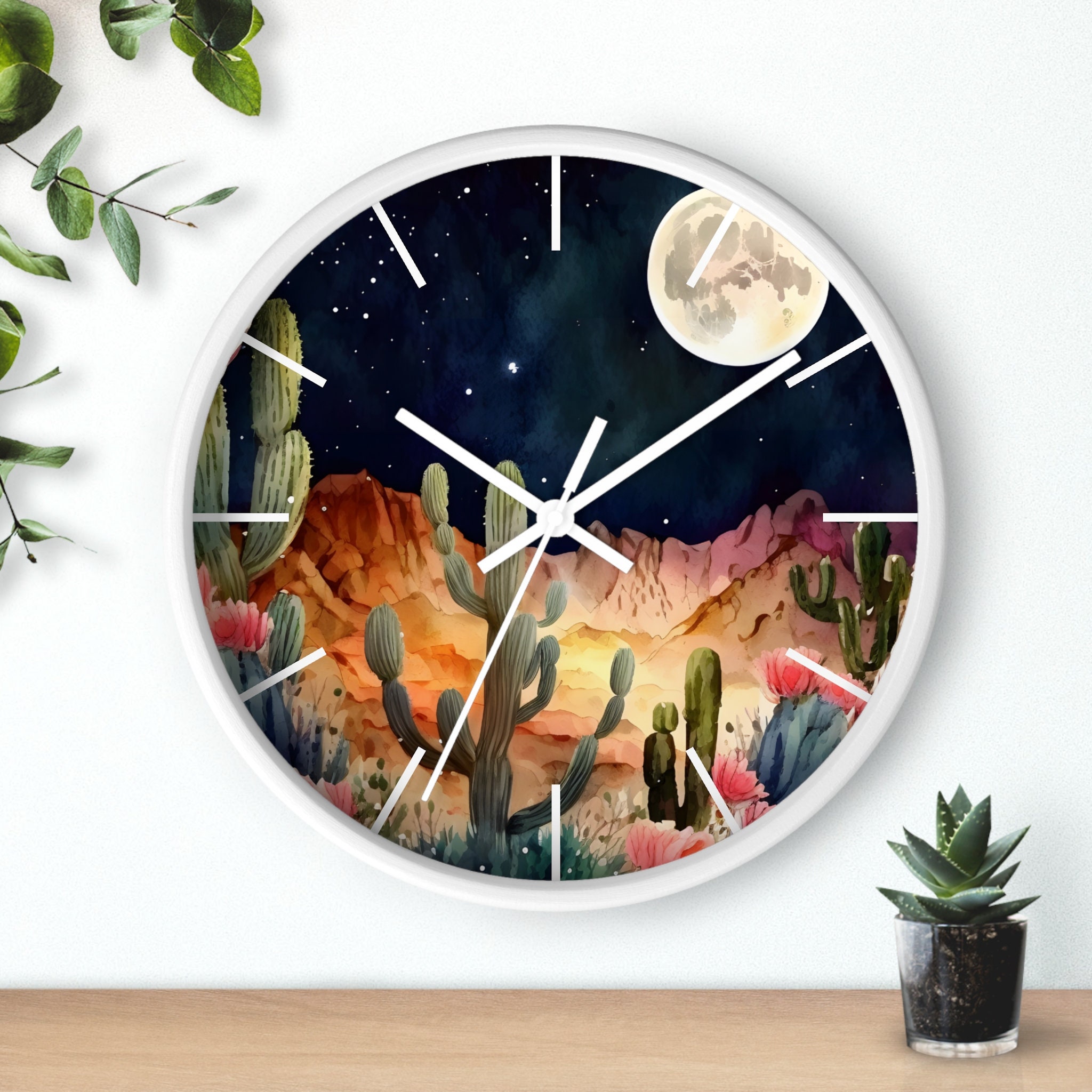 Boho Clocks Wooden Wall Clock Full Moon Art Floral Cactus - Etsy