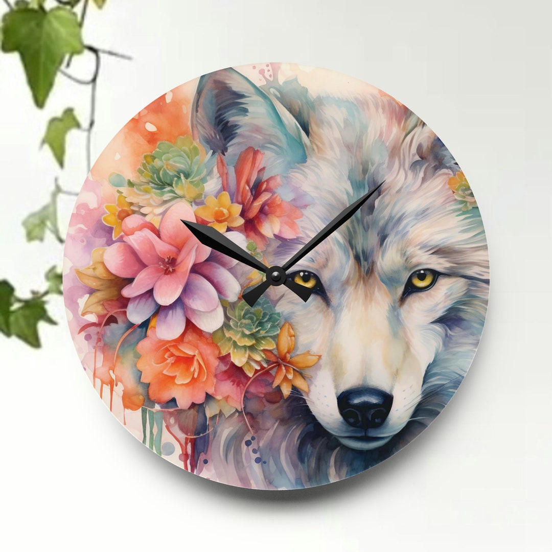 Unique Wall Clock, Floral Wolf Art, Watercolor Wolf, Wolf Clock, Silent ...