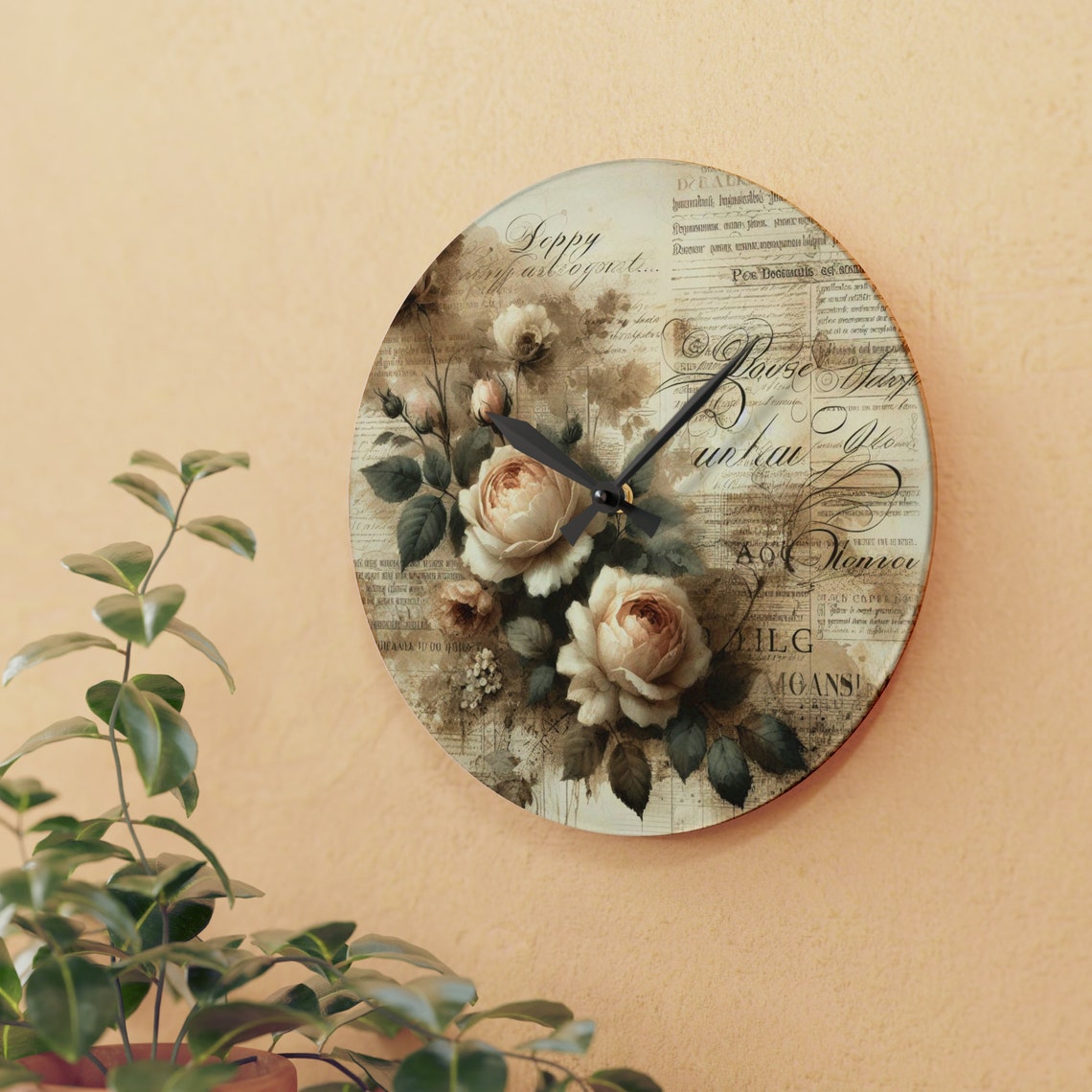 Shabby Chic Wall Clock, Floral Clock, Vintage Botanical Clock, Silent ...