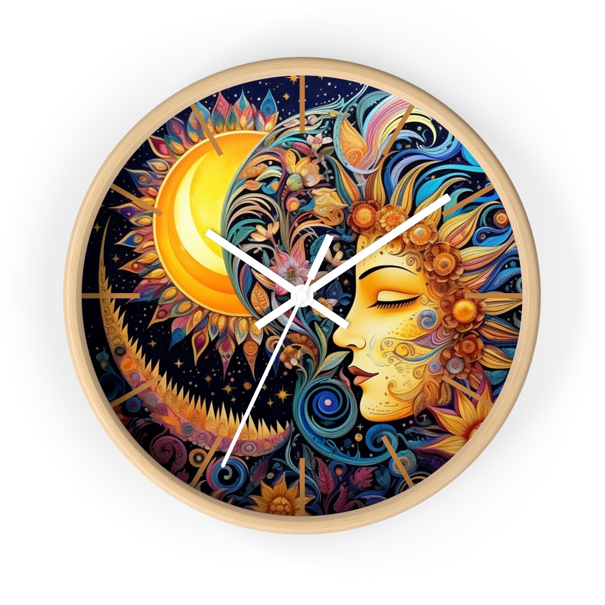 Wooden Clock, Celestial Clock, Mother Nature Art, Sun and Moon Wall ...