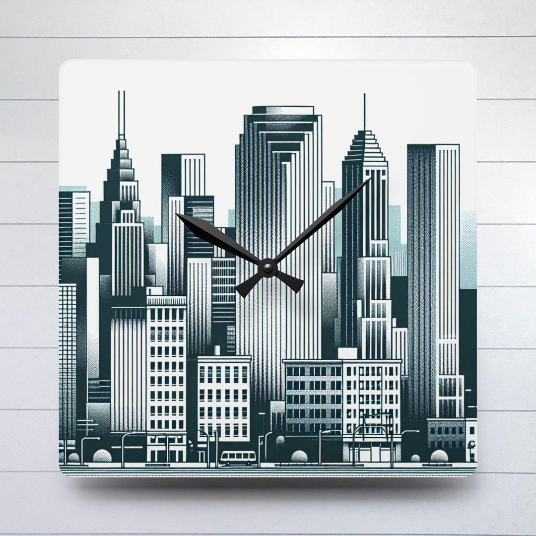City Skyline Wall Clock, Gradient Skyline Office Clock, Square & Round ...